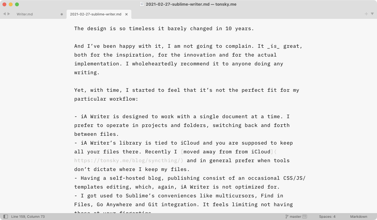 Building an ultimate writing machine from Sublime Text @ tonsky.me
